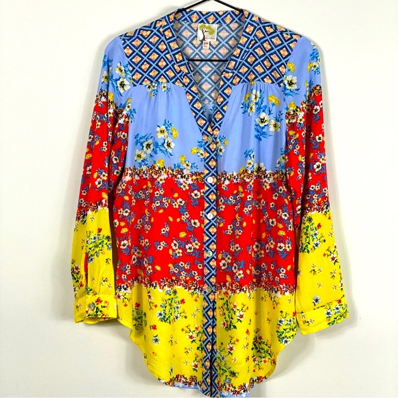 Fig & Flower | Tops | Fig Flower Color Block Boho Floral Button Down ...